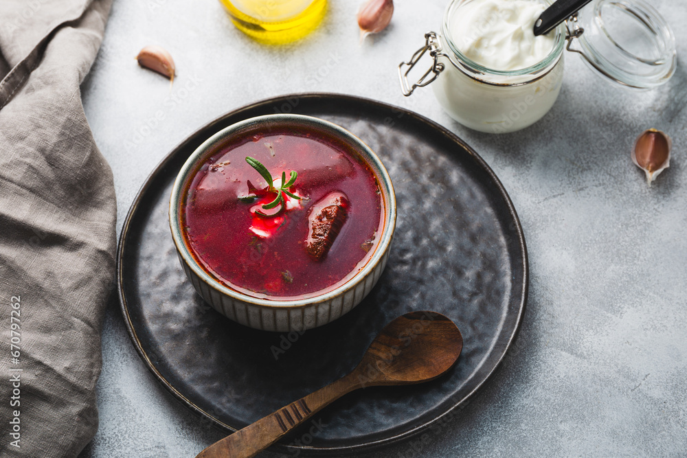 Traditional Ukrainian beet soup - borscht on the grey background Stock ...