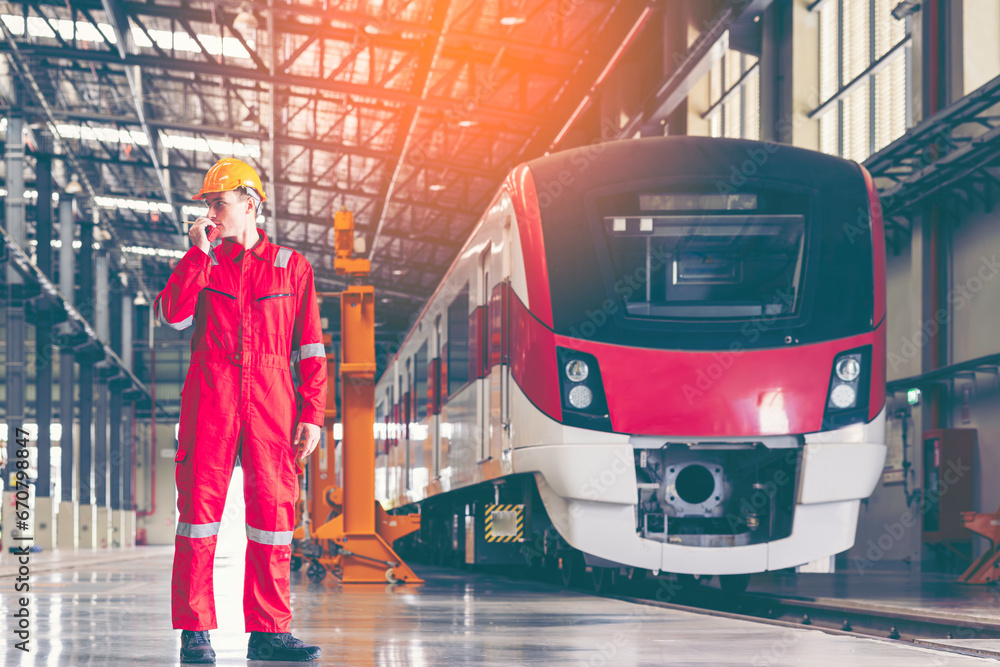 Electric train technician engineer checking controls system for ...