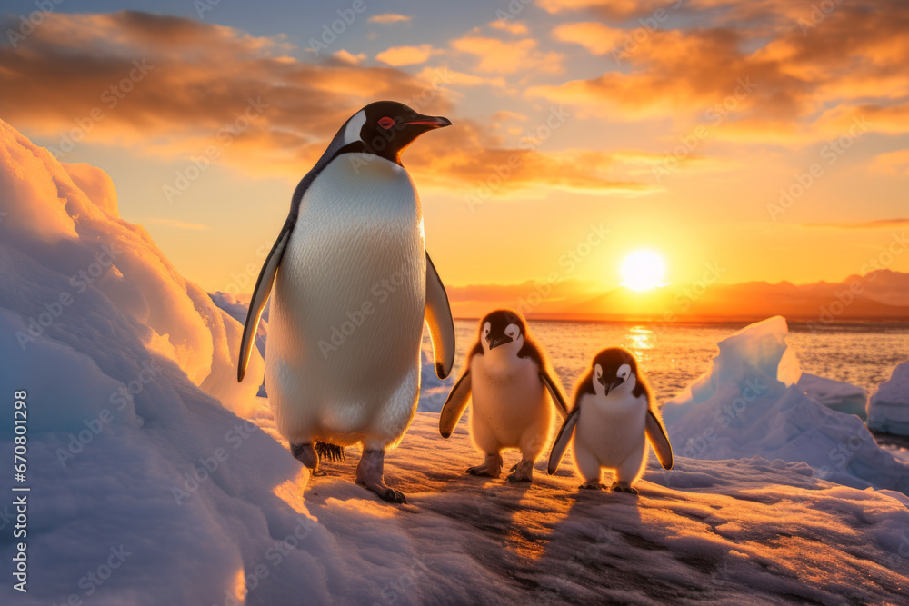 A family of penguins waddling across an icy landscape, with the sun ...