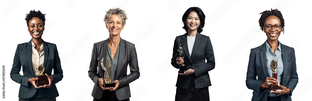 Set of Portrait of a middle aged manager, businesswoman or boss holding ...