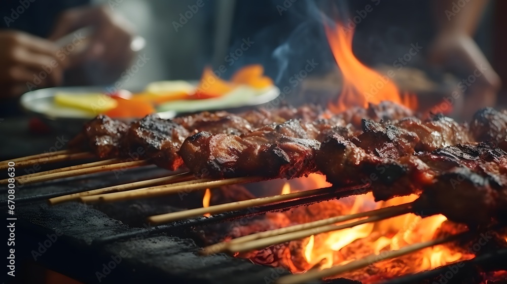 The process of burning savory beef satay with spicy seasoning on the ...