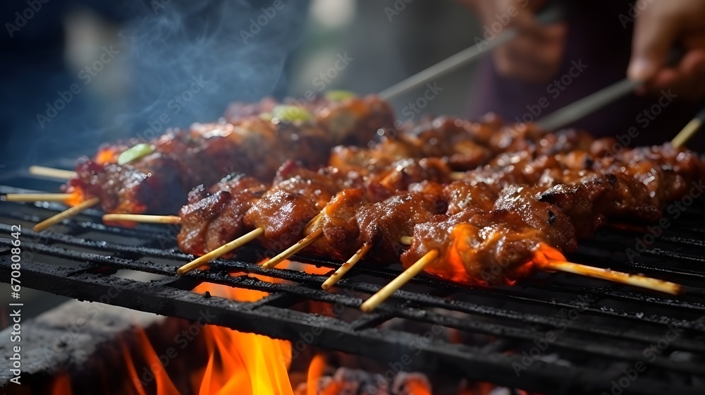 The process of burning savory beef satay with spicy seasoning on the ...