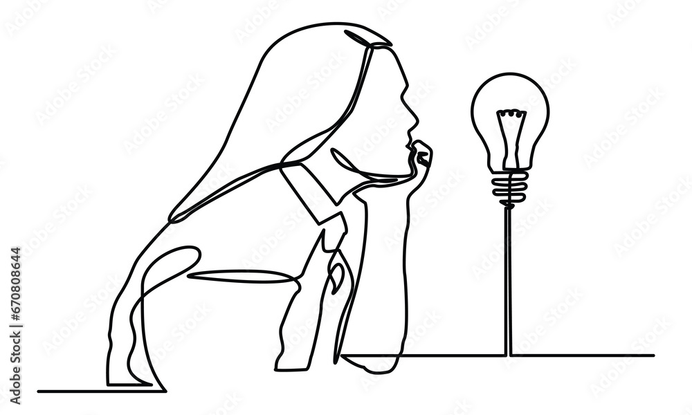 Continuous line drawings of a young girl thinking with blub. worried ...