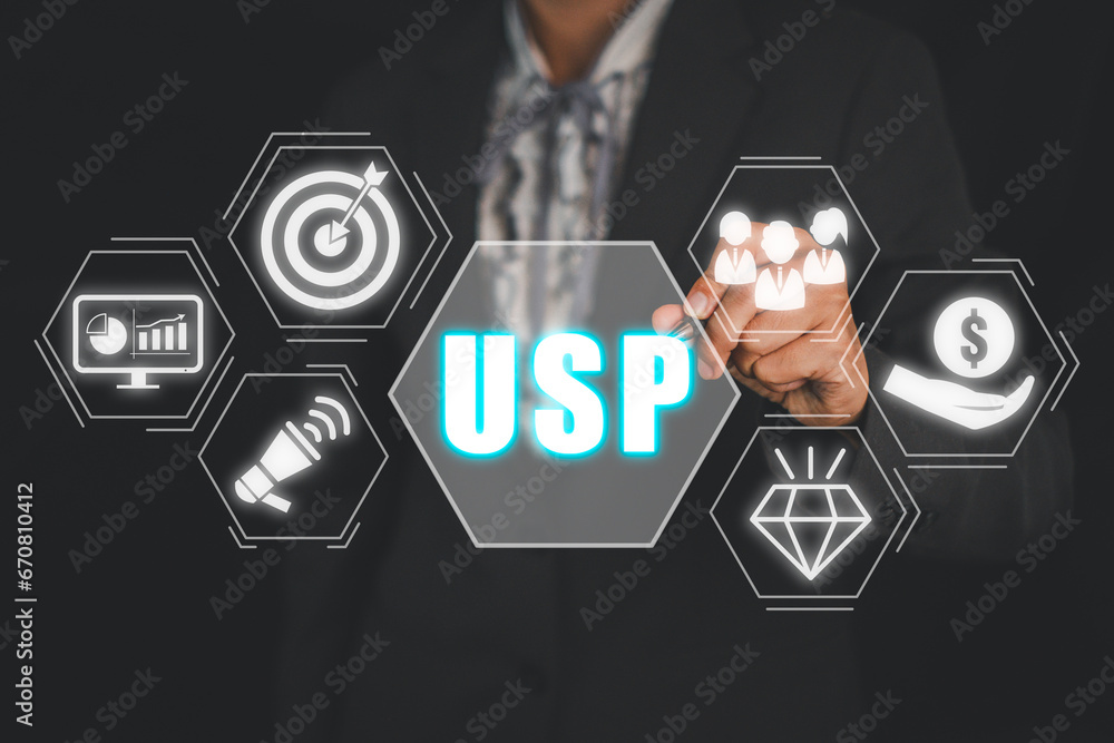 USP, Unique Selling Proposition concept, Business woman hand touching ...