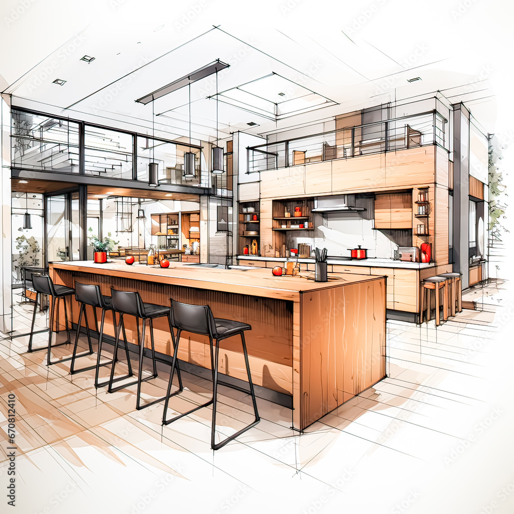 An artistic portrayal of a modern kitchen with a stylish bar counter, a ...