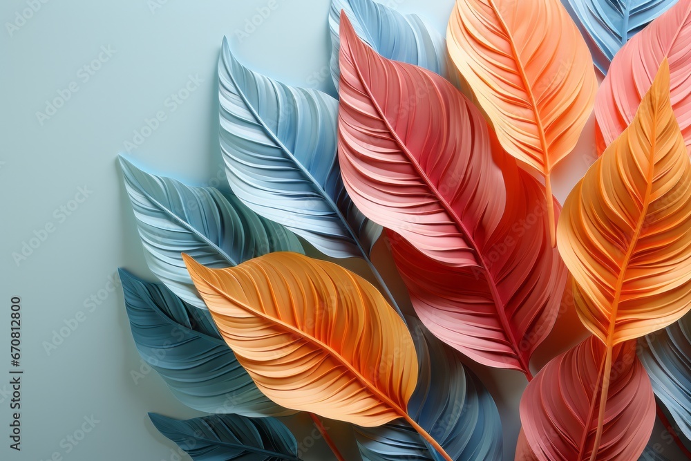 Tropical paper leaves as part of an abstract art installation, blurring ...