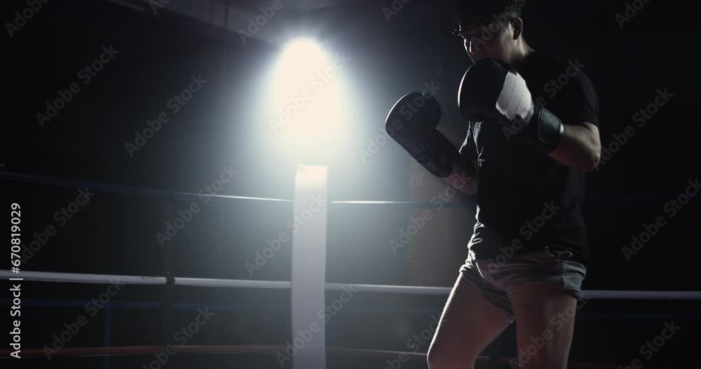 Fighter standing inside boxing ring with dramatic spotlight captured in ...