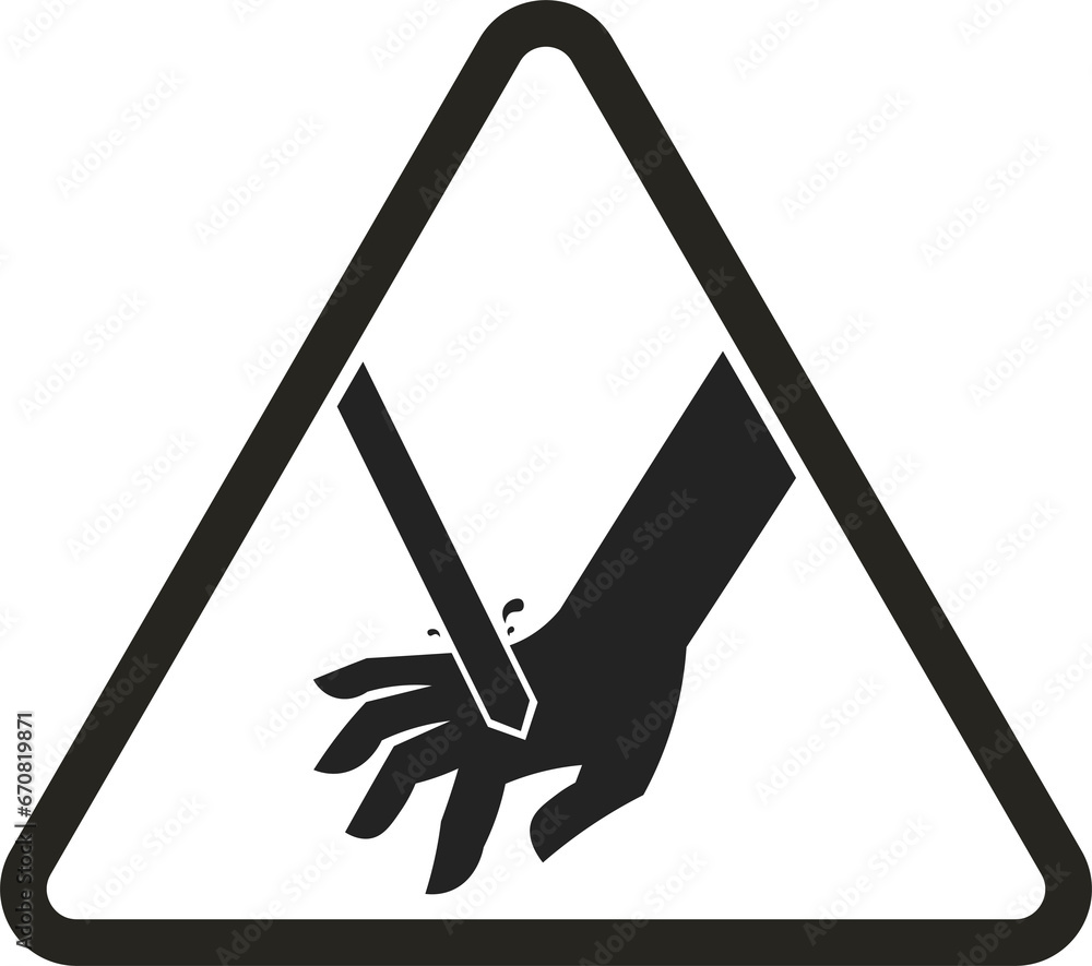 Triangle sign pictogram icon of hand injury with knife blade pinched ...