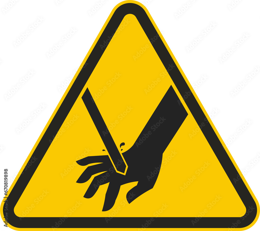 Triangle yellow sign pictogram icon of hand injury with knife blade ...