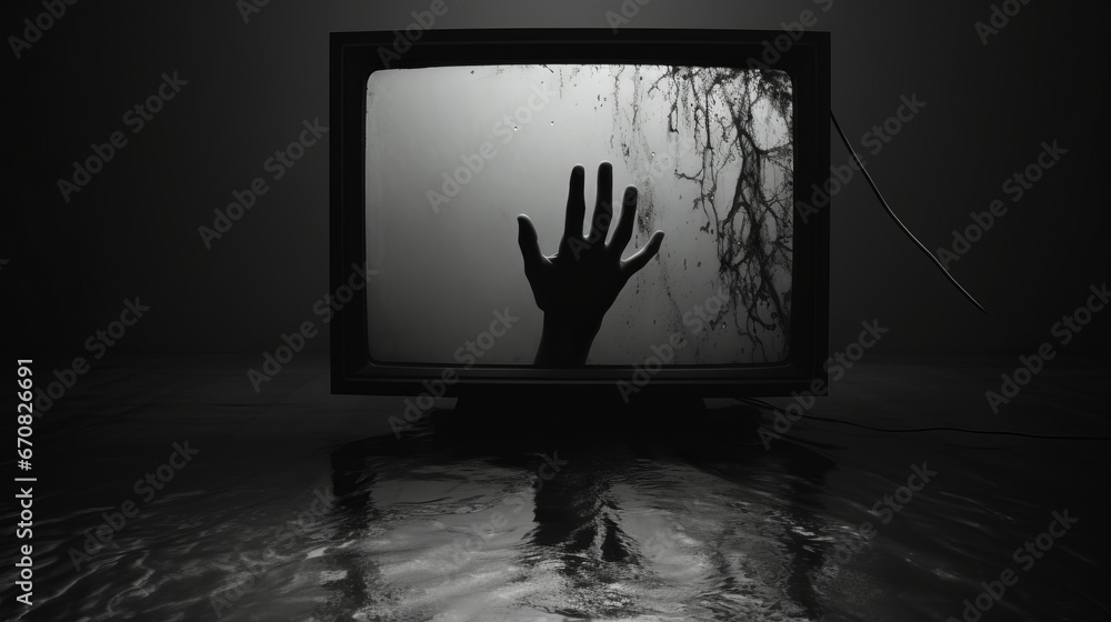 A monochrome hand reaching out from the wall-mounted television, with ...