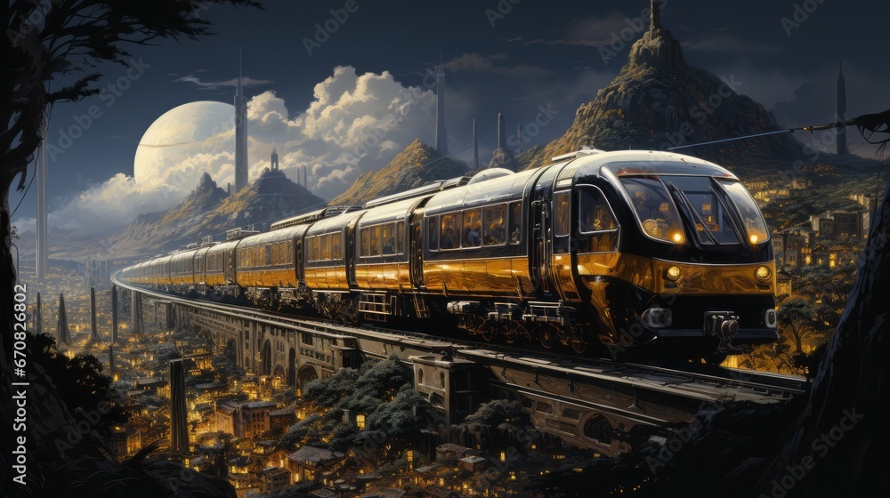 Rumbling through the rugged mountain landscape, a majestic train carves ...