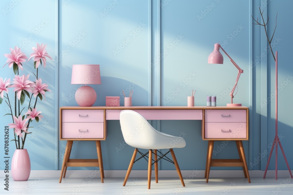 Pastel blue office desk with a sleek pastel pink chair, creating a ...