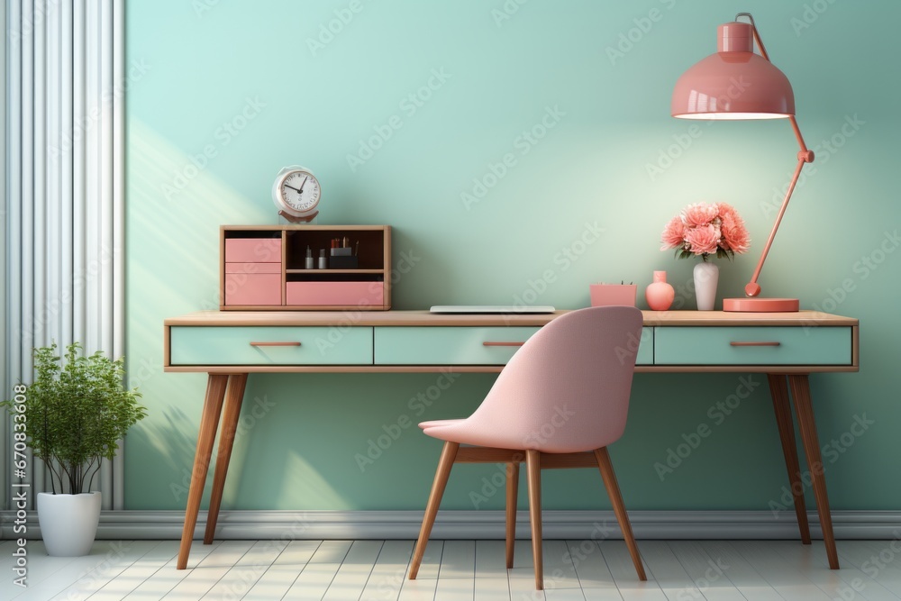 Pastel mint green office desk with a pastel pink desk lamp, infusing a ...