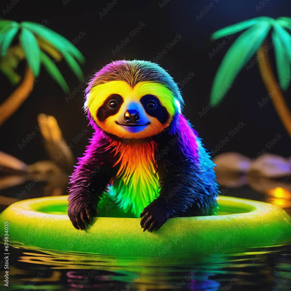 Rainbow Color Sloth sitting in swim tube in pool Stock Illustration ...