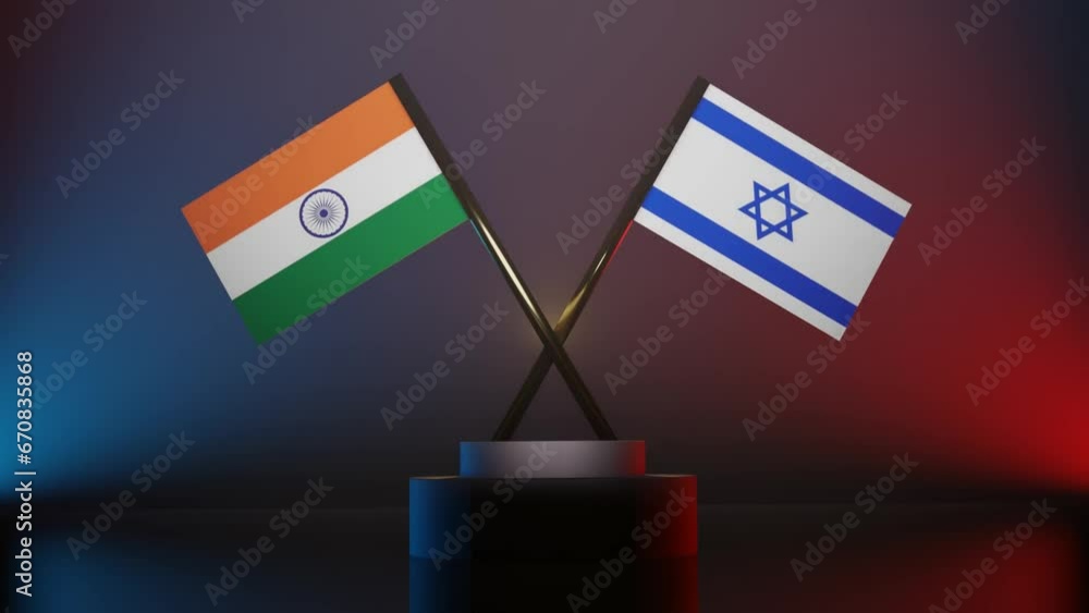 Israel And India Flags Crossed Together in dark blue and red Background ...