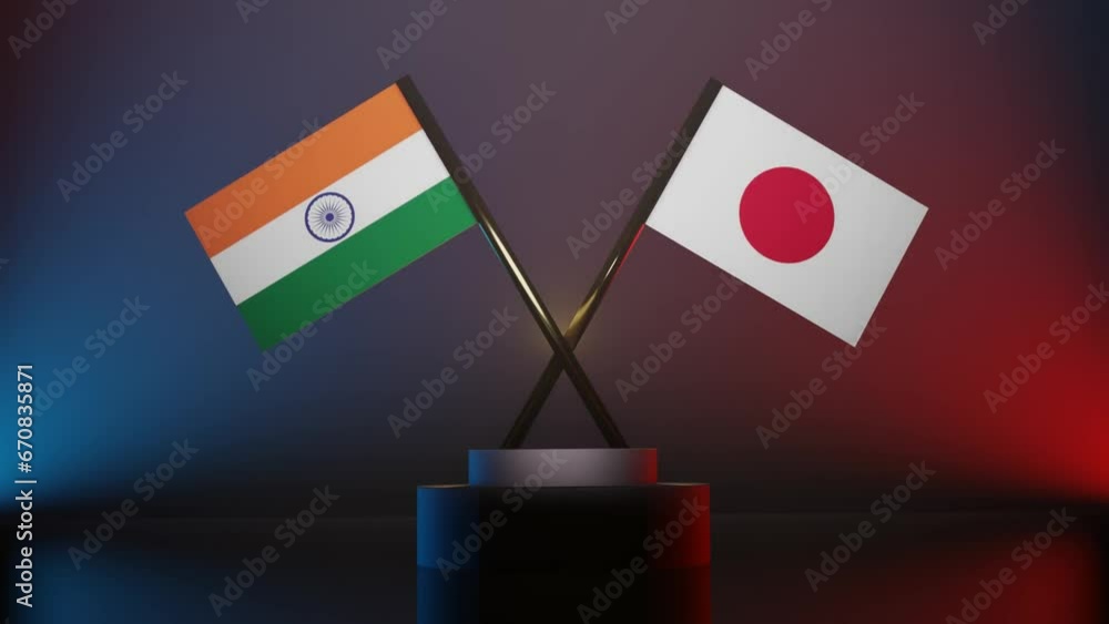 japan And India Flags Crossed Together in dark blue and red Background ...