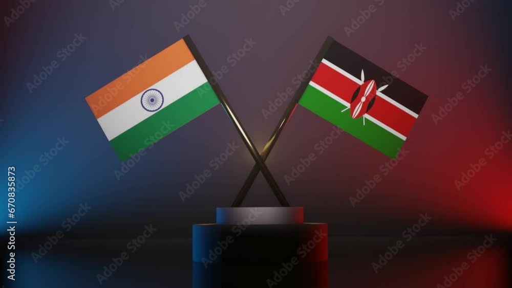 Kenya And India Flags Crossed Together in dark blue and red Background ...