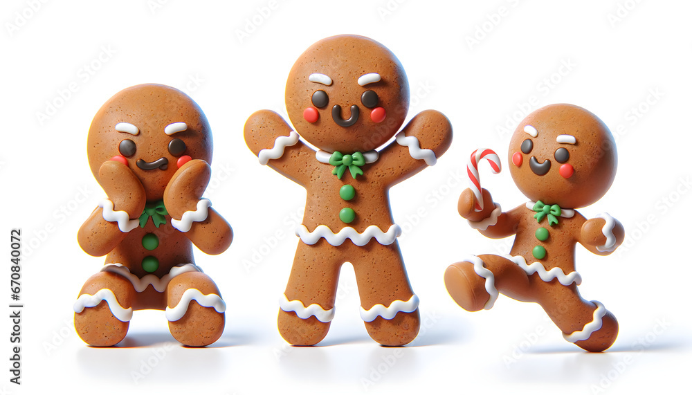 Set of Gingerbread men in festive poses, one holding a candy cane ...