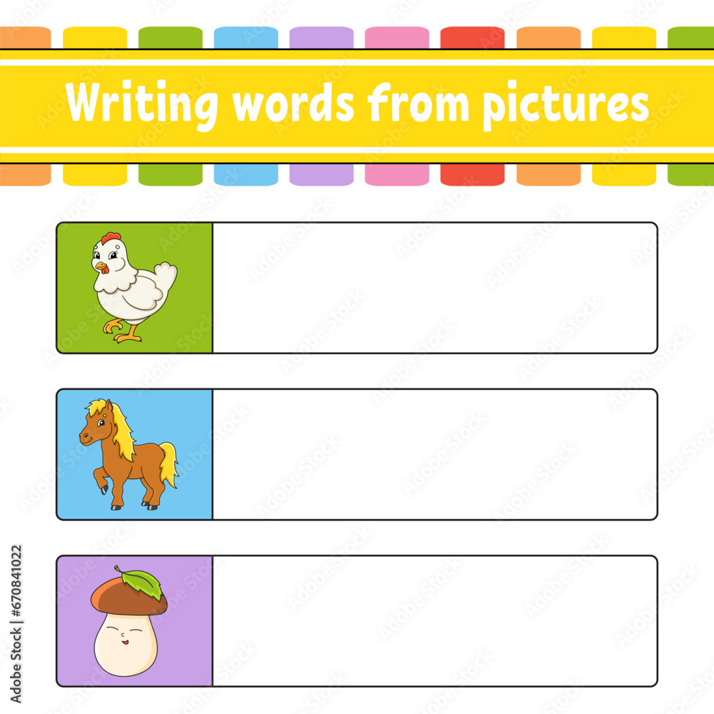 Writing words from pictures. Education developing worksheet. Activity ...