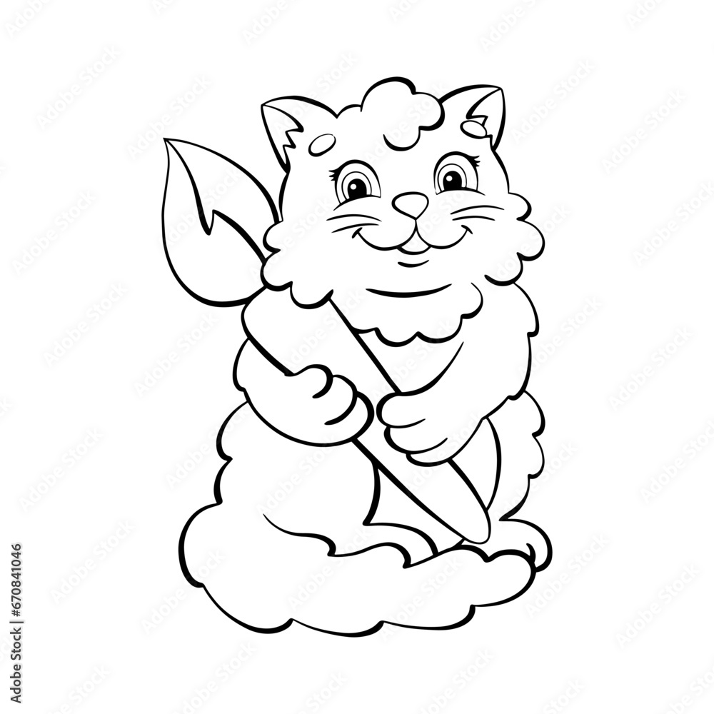Fluffy cat artist with a brush in his paws. Coloring page for kids ...