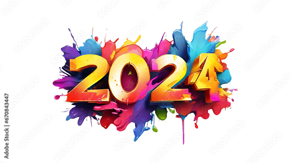 Colorful 2024 text effect with color splash, transparent background png ...