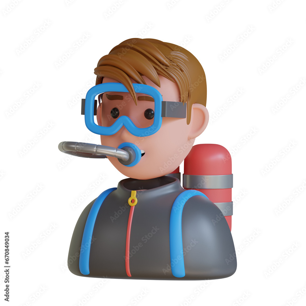 3D Diver Model with Diving Suit and Protective Gear. Detailed Oxygen ...