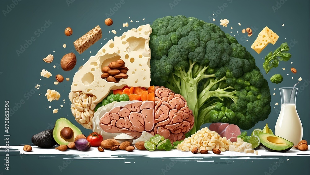 An illustration of a brain composed of various types of food, including ...