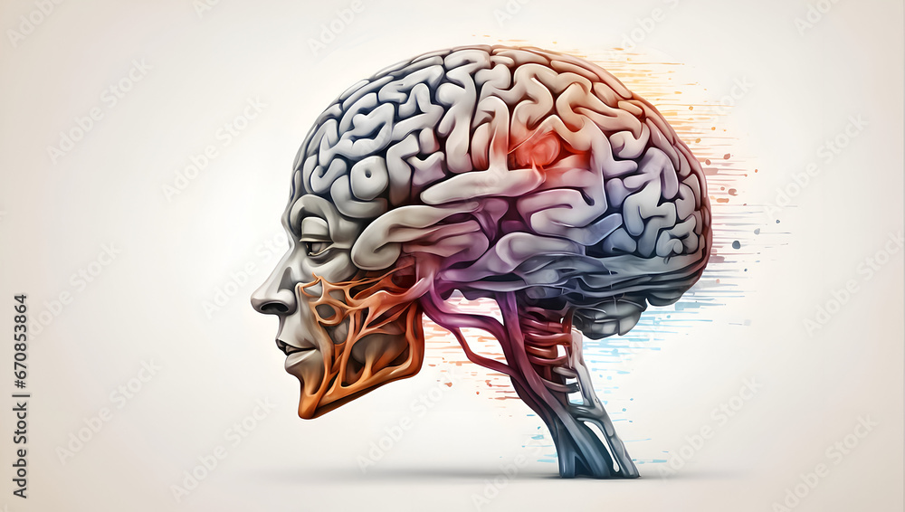 digital illustration of a human brain in profile, with different colors ...