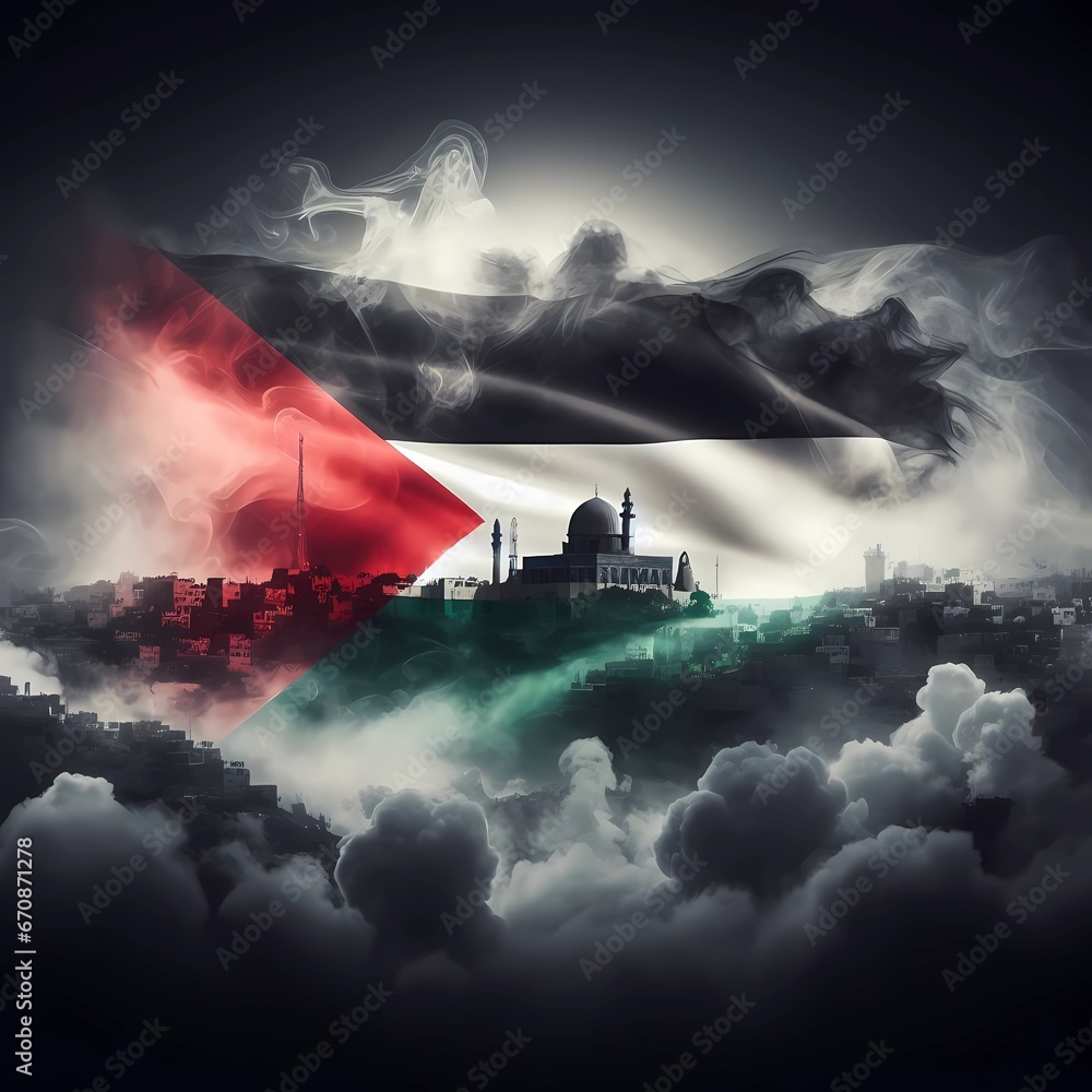 Palestine with a backdrop of smoke and the Palestinian flag Stock ...