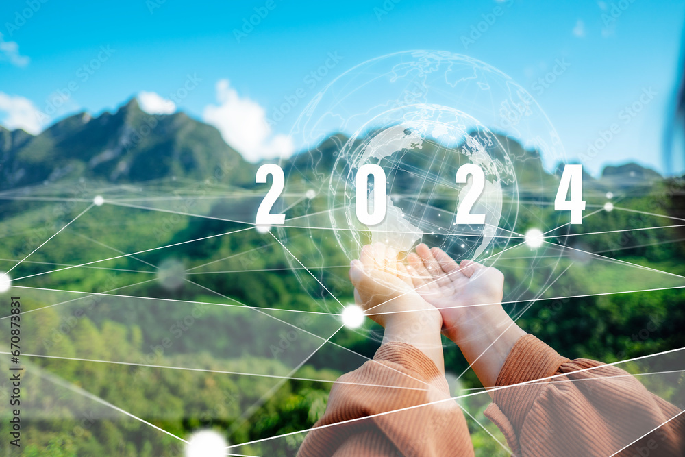 The word 2024 on a human hand. Global communication network concept ...