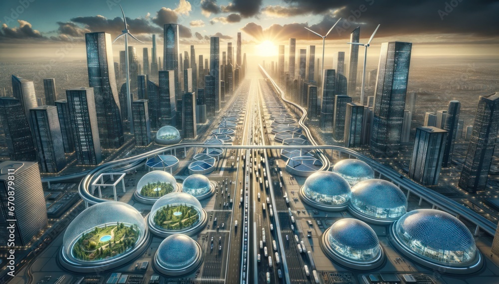 As the sun rises over the futuristic metropolis, digital towers and ...