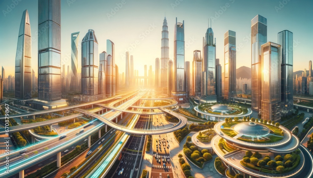 As the sun rises over the metropolis, towering skyscrapers and winding ...