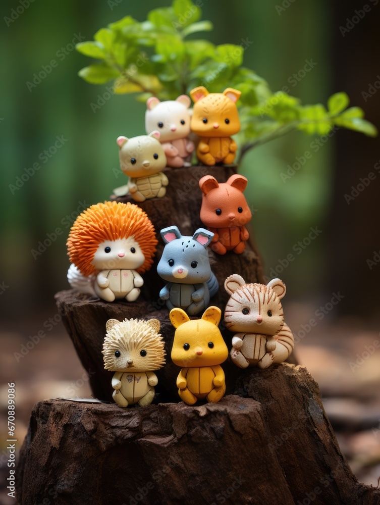 Small animals made of building blocks are sitting on the tree playing ...