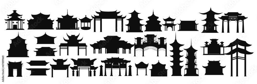Chinese buildings silhouetted Set. gates and traditional architecture ...