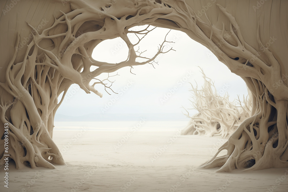 Dry tree forming arch on sand desert landscape. Product display on ...