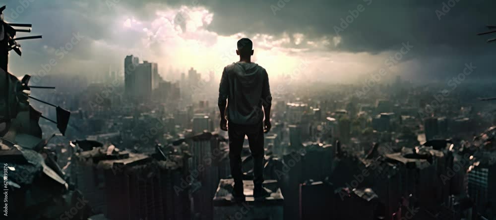 Silhouette of an adult person standing on ruins looking out at a ...