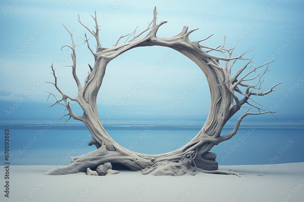 Dry tree circle frame on ocean sand beach landscape. Product display on ...