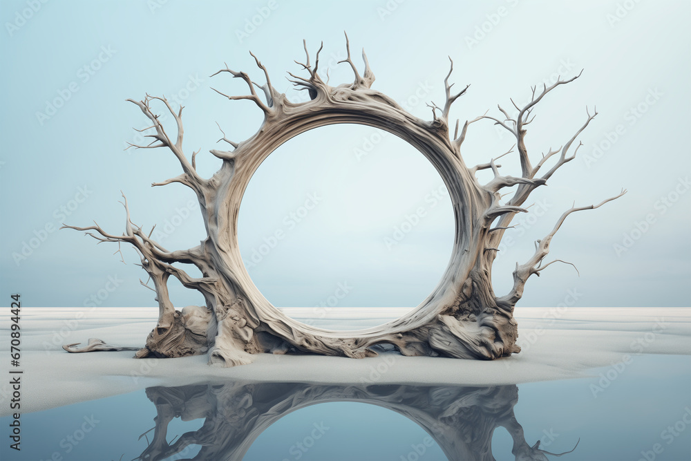 Dry tree circle frame on ocean sand beach landscape. Product display on ...