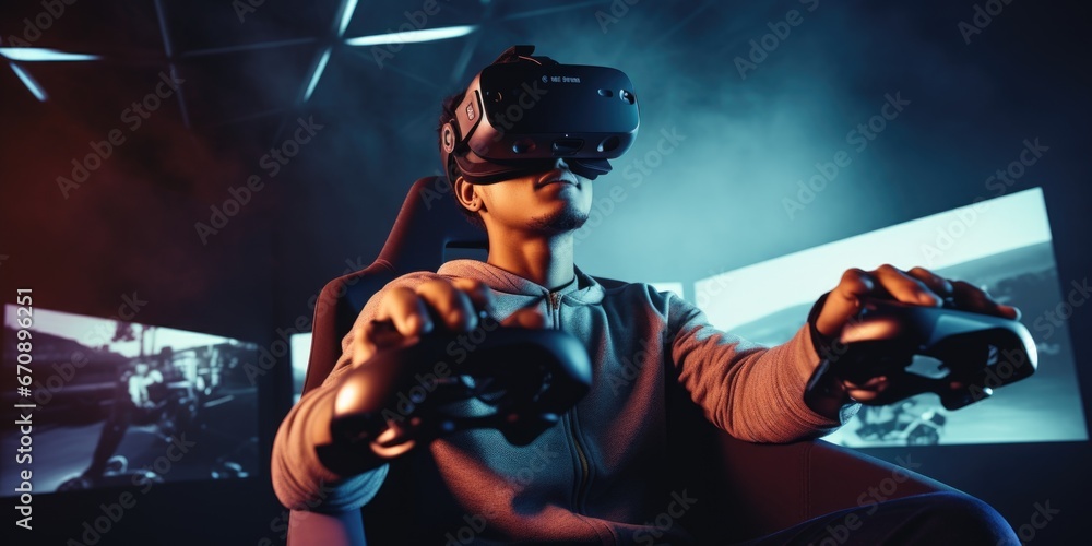 Futuristic simulator seat cockpit, man playing smart video games with ...