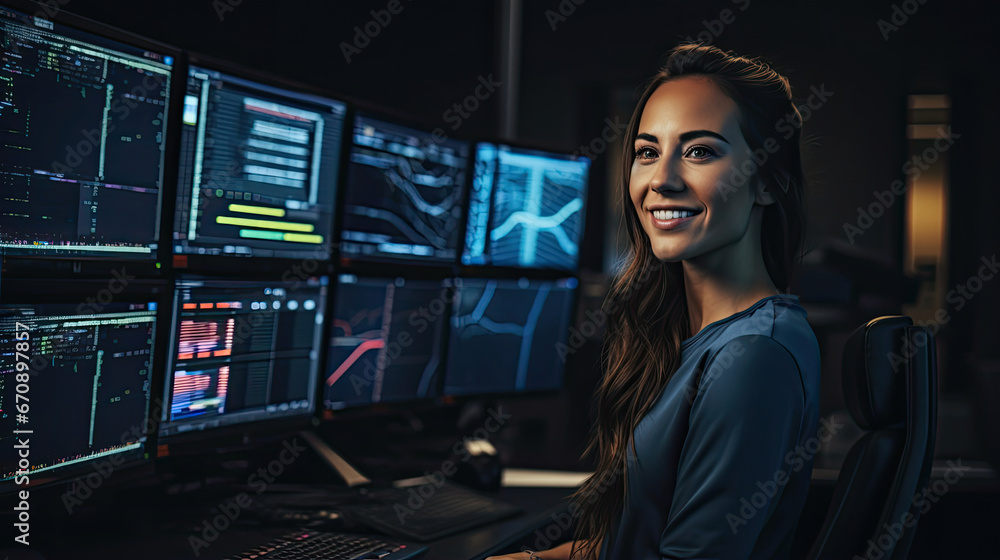 cool smiling female technology worker against dark office background ...