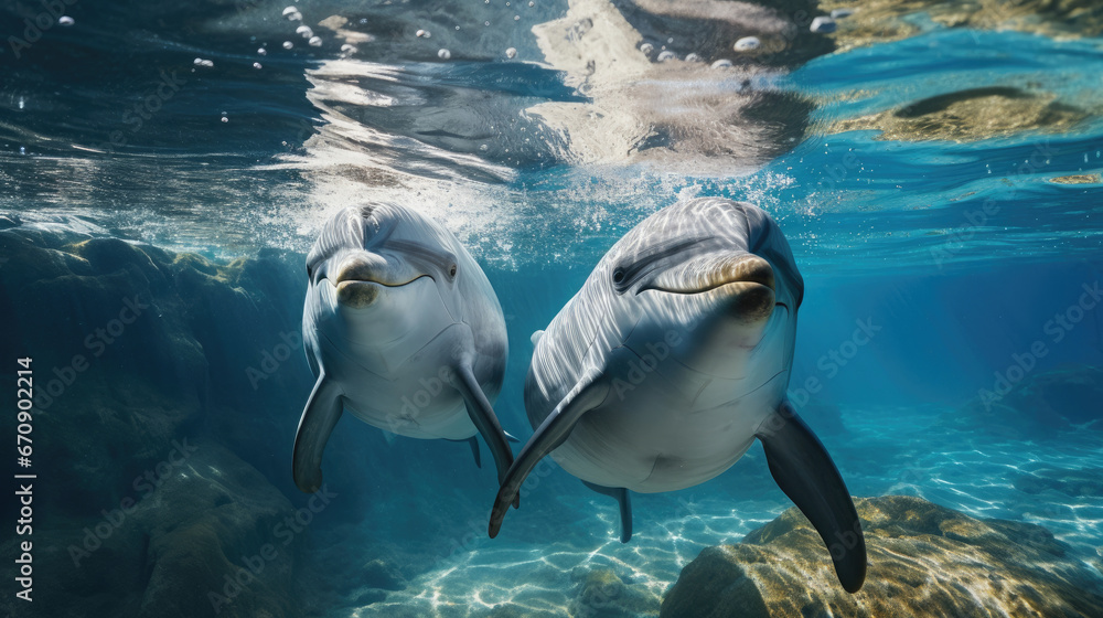 Two dolphins swimming together with open eyes and happy faces in ...