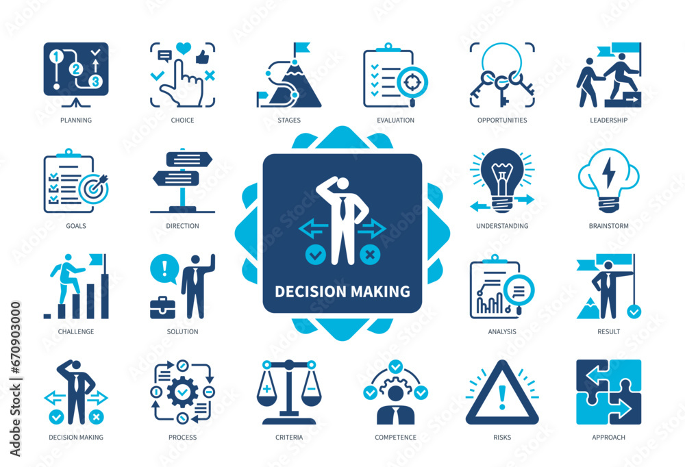 Decision Making icon set. Brainstorm, Criteria, Planning, Analysis ...