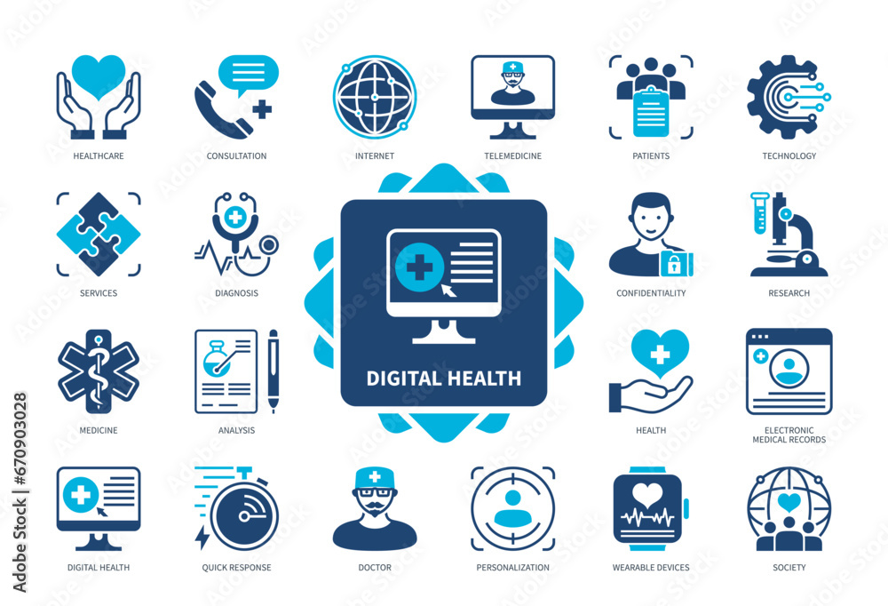 Vetor de Digital Health icon set. Telemedicine, Diagnosis, Quick ...
