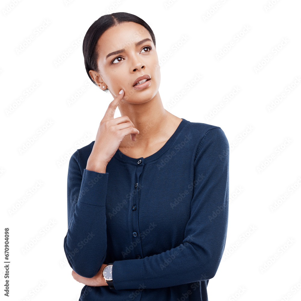 Woman, thinking with ideas and inspiration, choice and decision ...