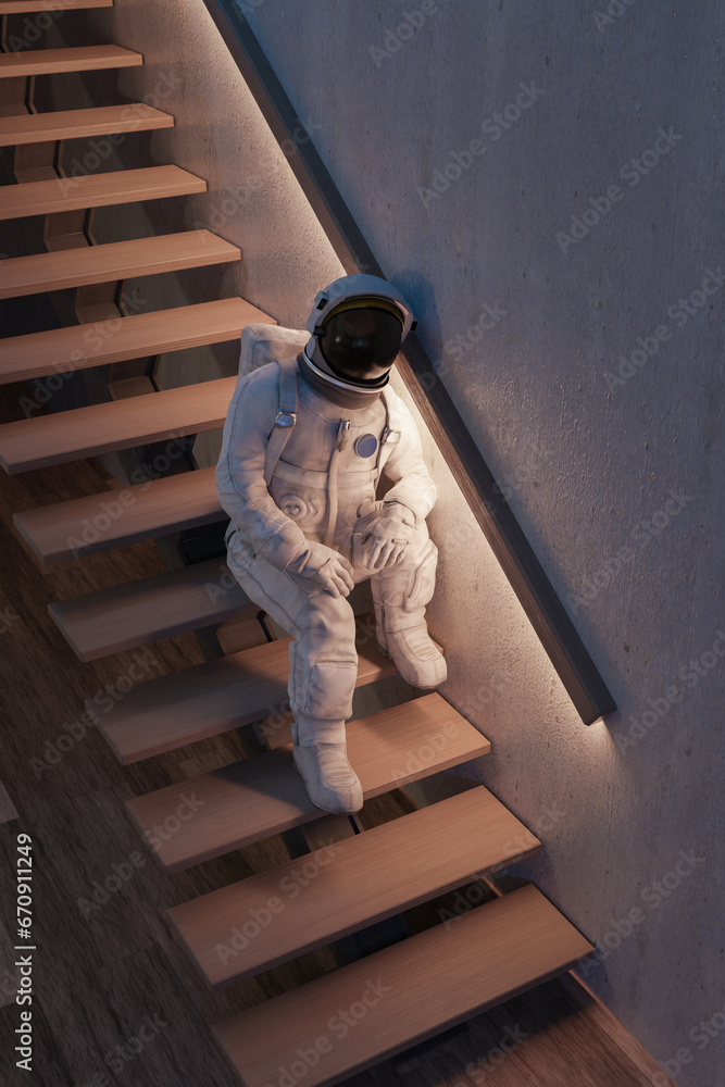 Astronaut sitting chilling resting on stairs with led lighting ...
