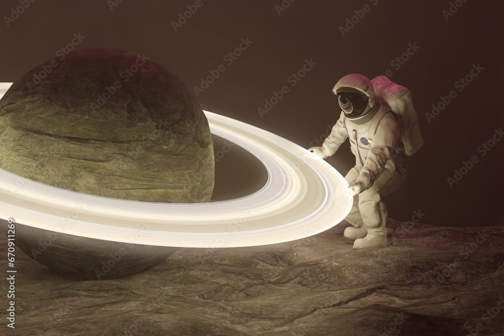Astronaut holding the glowing rings of a rock like Saturn planet ...