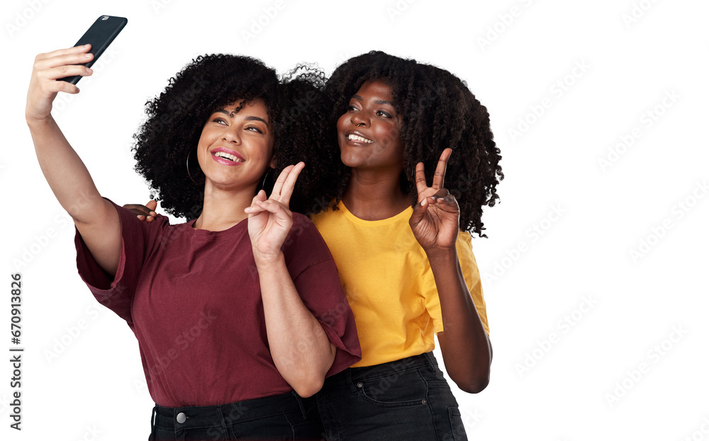 Selfie, peace sign and woman friends for social media or content ...