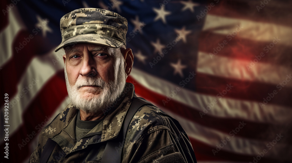 Elderly male soldier in military uniform is standing against USA flag ...