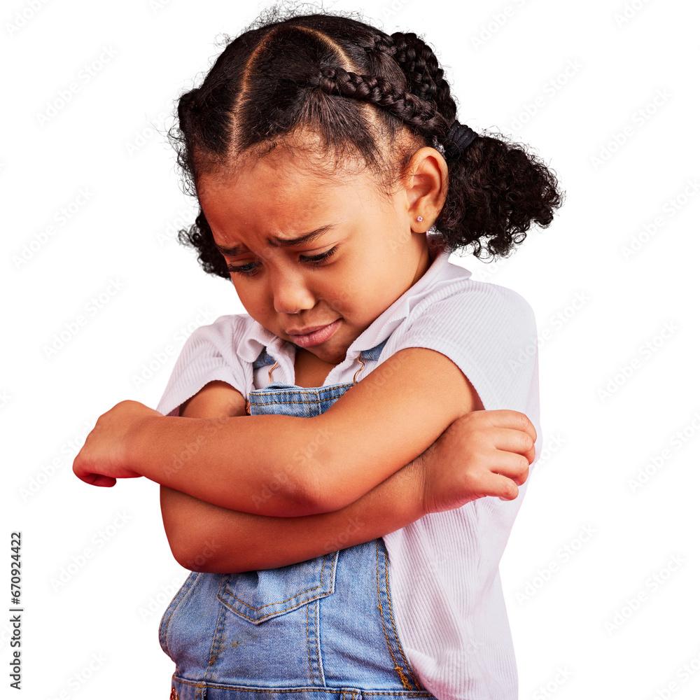 Isolated girl child, sad and arms crossed with thinking, depression and ...
