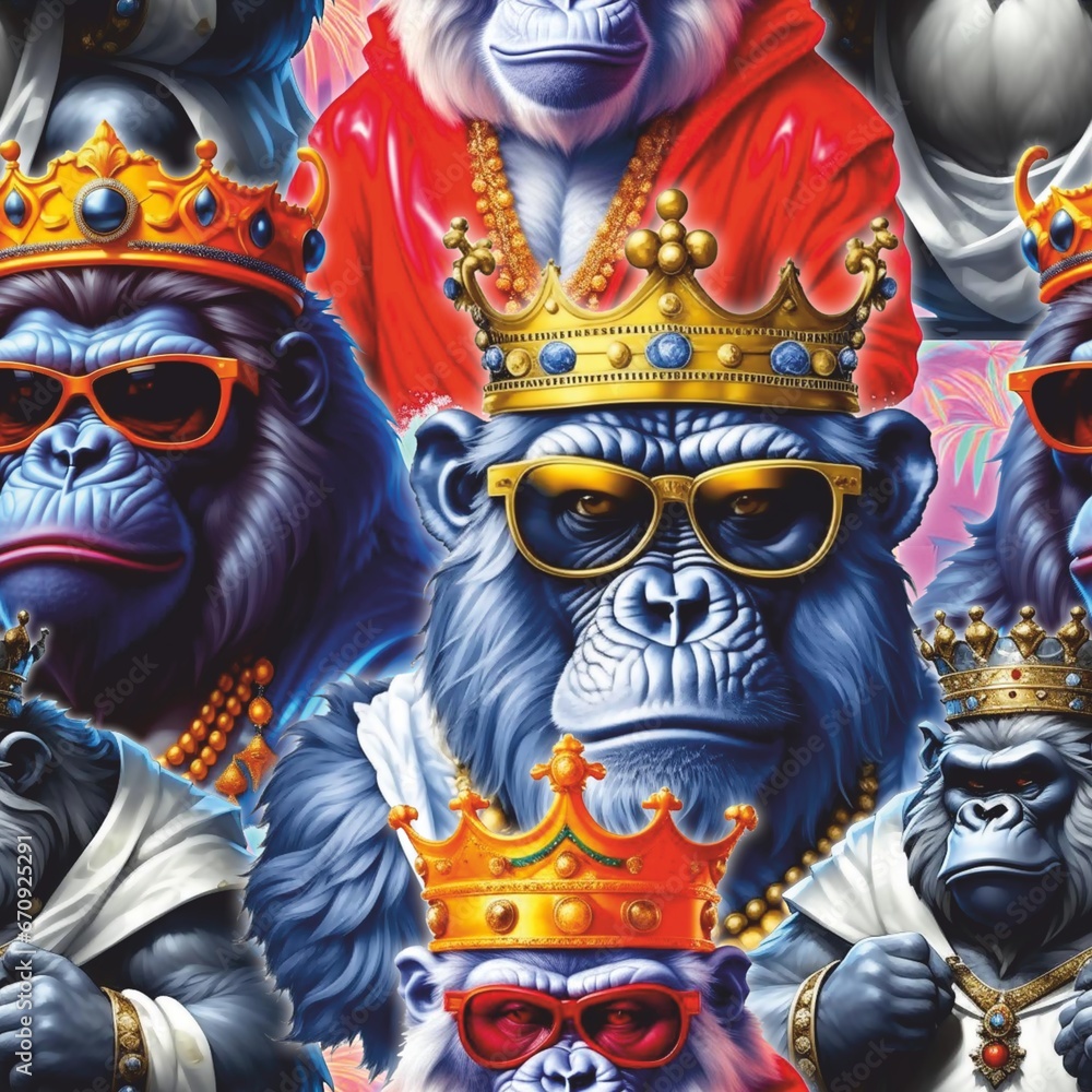 Seamless background with formidable monkeys with a crown. For printing ...